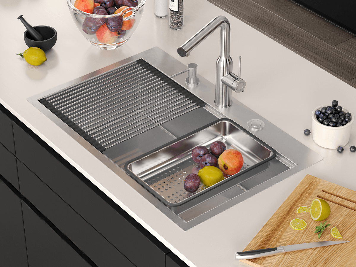 Kitchen sink workstation including rollmat, colander, board | Quadron ...
