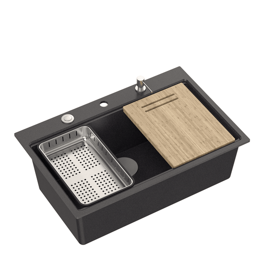 Kitchen sink workstation, black granite, draining mat, colander ...