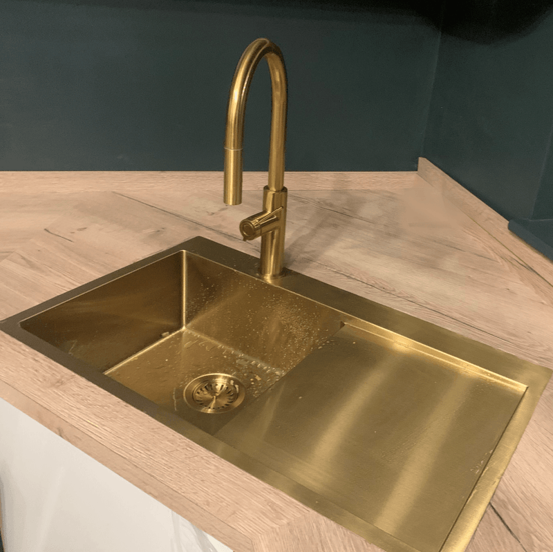 Gold brass kitchen sink with drainer, PVD, UK | Quadron Russell 111 – Olif
